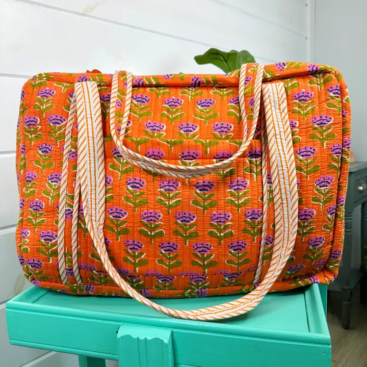 Orange Floral Quilted Duffle Bag | Weekender Travel Overnight Bag