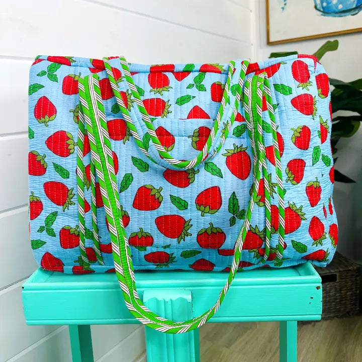 Blue Strawberry Quilted Duffle Bag | Weekender Travel Overnight Bag