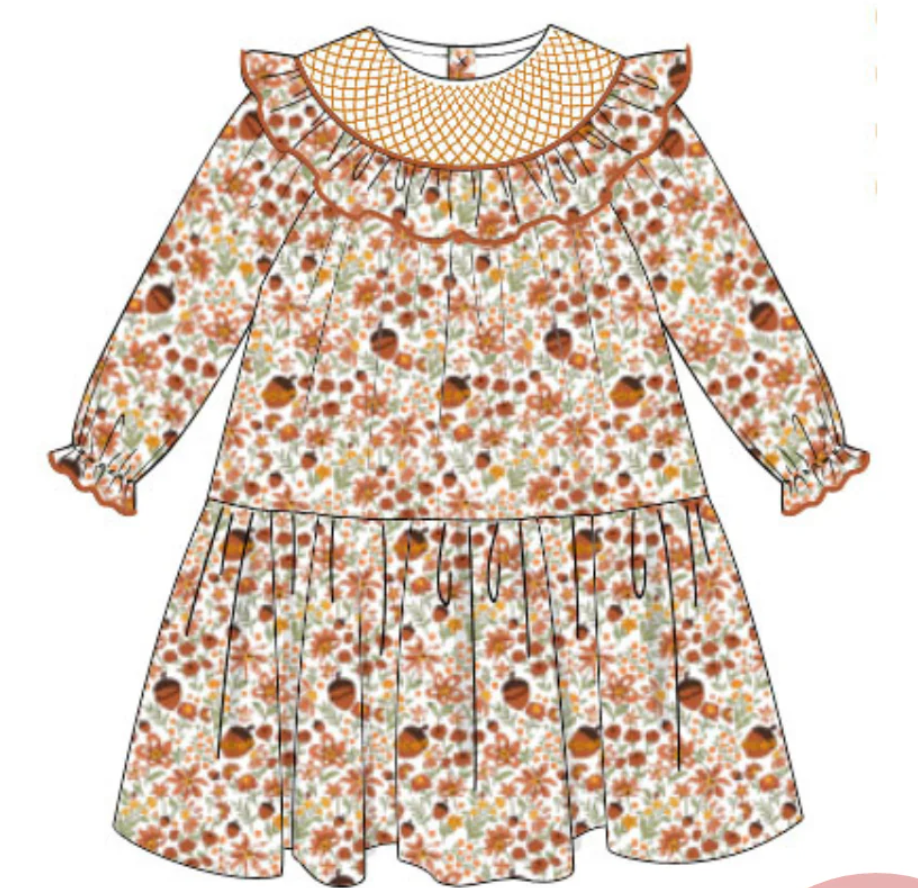 Girls Fall Floral Acorn Smocked Dress