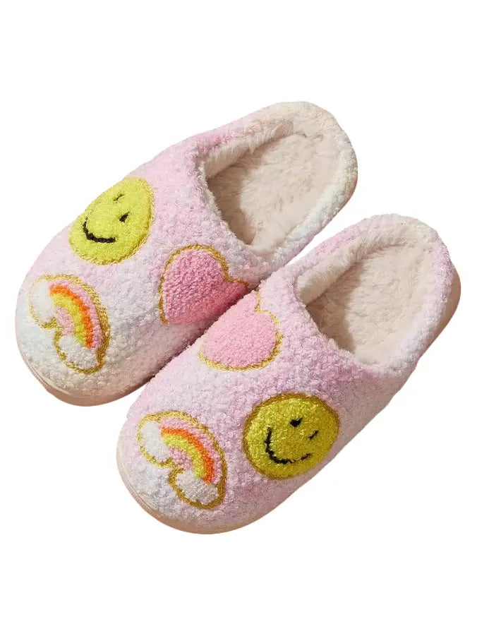 Pastel Rainbow Smiley Fuzzy Slippers For Kids